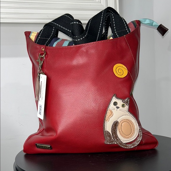 Chala | Bags | Chala Red Tote Bag With Cat Charm And Black Handles Nwt ...